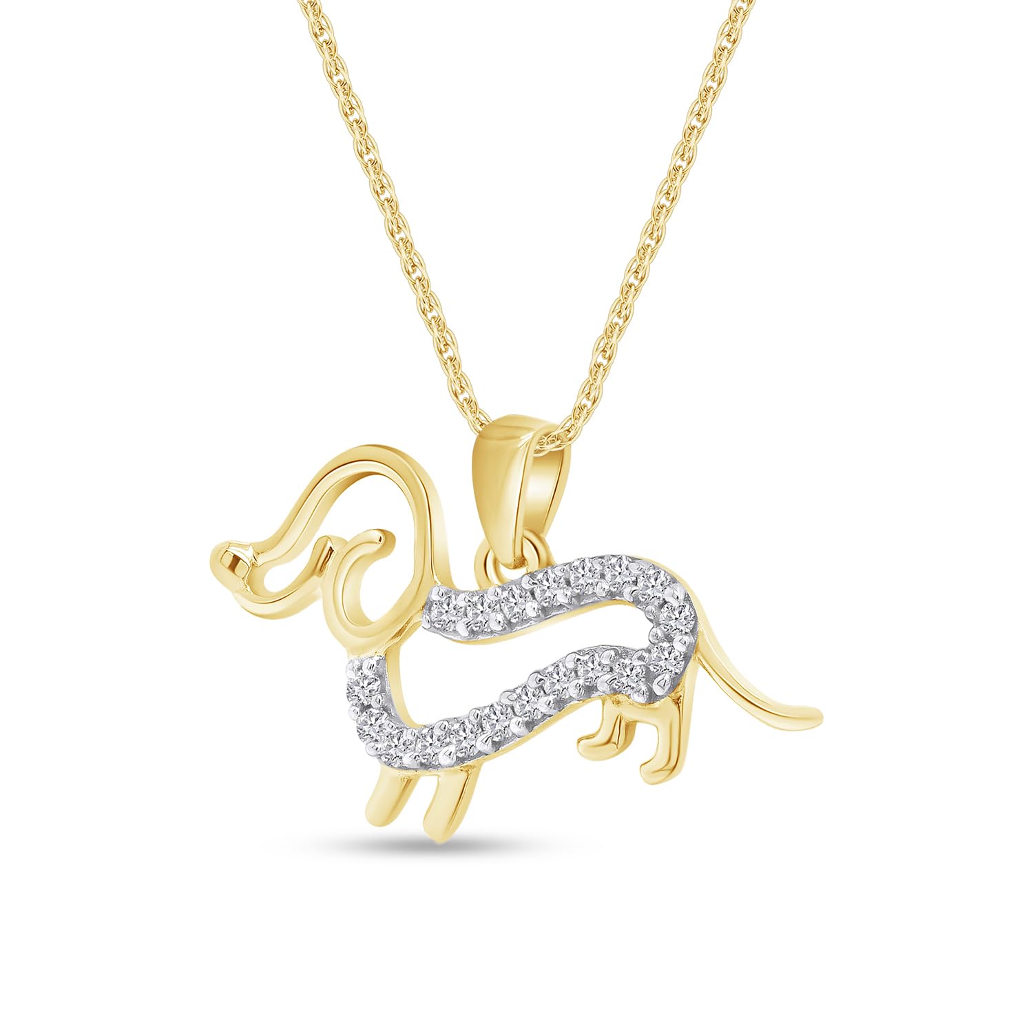 Round Cut White Cubic Zirconia Dachshund Dog Heart Pendant Necklace Jewelry For Women in 14k Yellow Gold Over Sterling Silver Along With 18" Chain