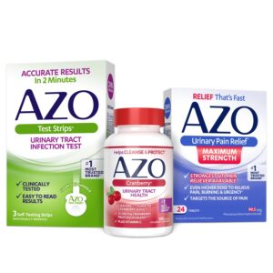 azo uti pain relief bundle – azo uti test strips 3ct, azo urinary pain relief 24ct, azo cranberry supplement 100ct