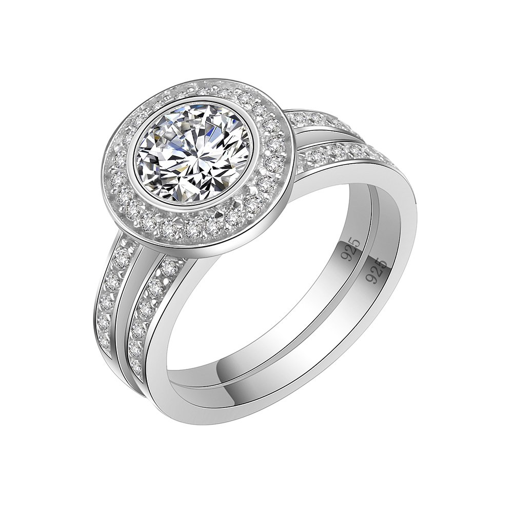 Lavencious Round Wedding Bridal Ring Sets Engagement Band 925 Sterling Silver with White AAA CZ (Silver, 6)