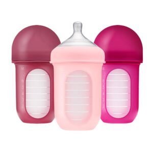 boon nursh reusable silicone baby bottles with collapsible silicone pouch design - everyday baby essentials - stage 2 medium flow baby bottles - pink - 8 oz - 3 count