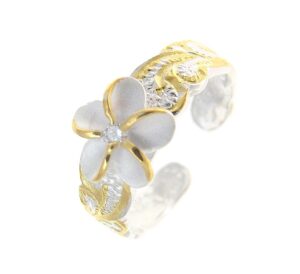 arthur's jewelry 925 sterling silver 2 tone yellow gold plated 8mm hawaiian scroll plumeria flower cz toe ring