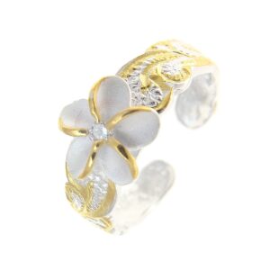 Arthur's Jewelry 925 sterling silver 2 tone yellow gold plated 8mm Hawaiian scroll plumeria flower cz toe ring