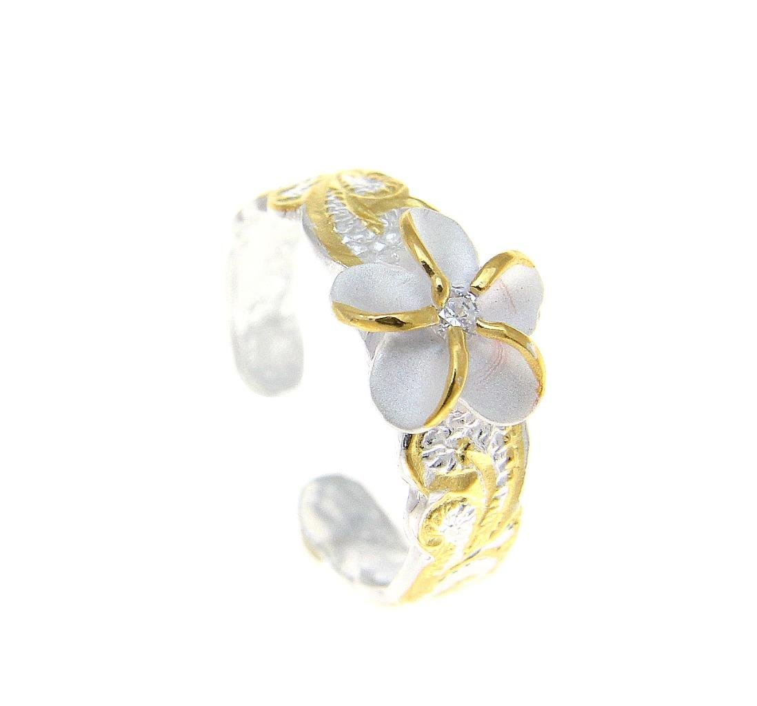 Arthur's Jewelry 925 sterling silver 2 tone yellow gold plated 8mm Hawaiian scroll plumeria flower cz toe ring