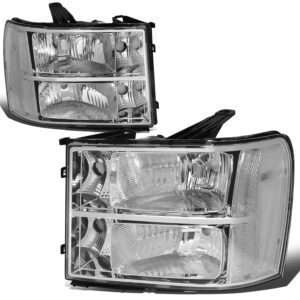 dna motoring hl-oh-gmcsie07-ch-cl1 pair of chrome housing headlights compatible with 07-13 gmc sierra 1500/07-14 sierra 2500 hd 3500 hd