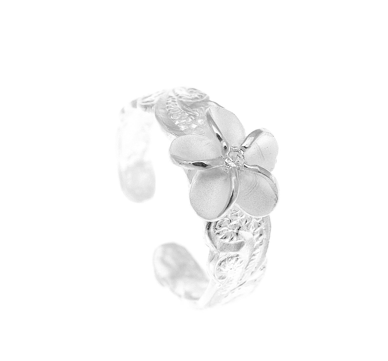 Arthur's Jewelry 925 sterling silver 8mm Hawaiian plumeria flower scroll white cz toe ring