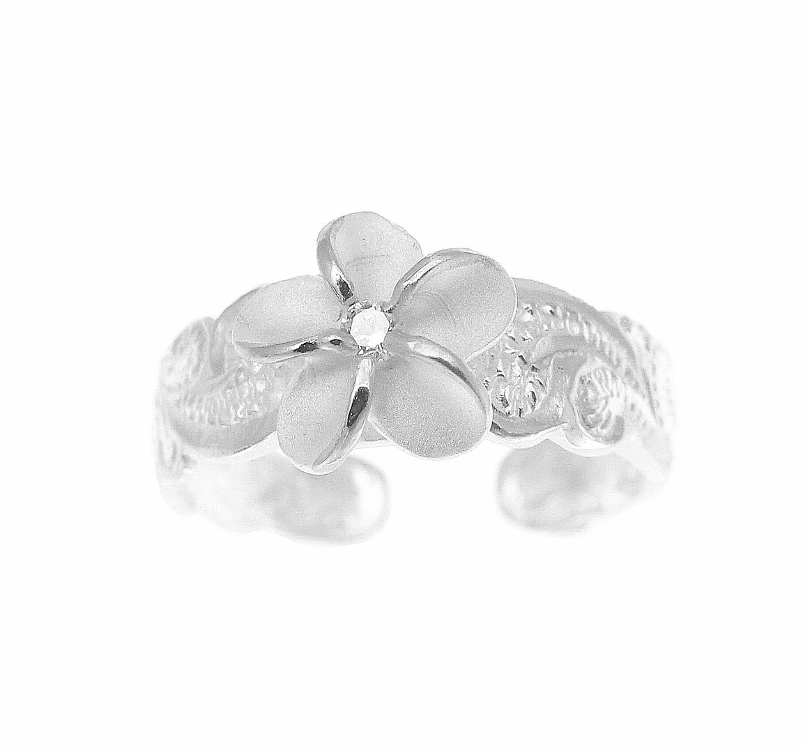 Arthur's Jewelry 925 sterling silver 8mm Hawaiian plumeria flower scroll white cz toe ring