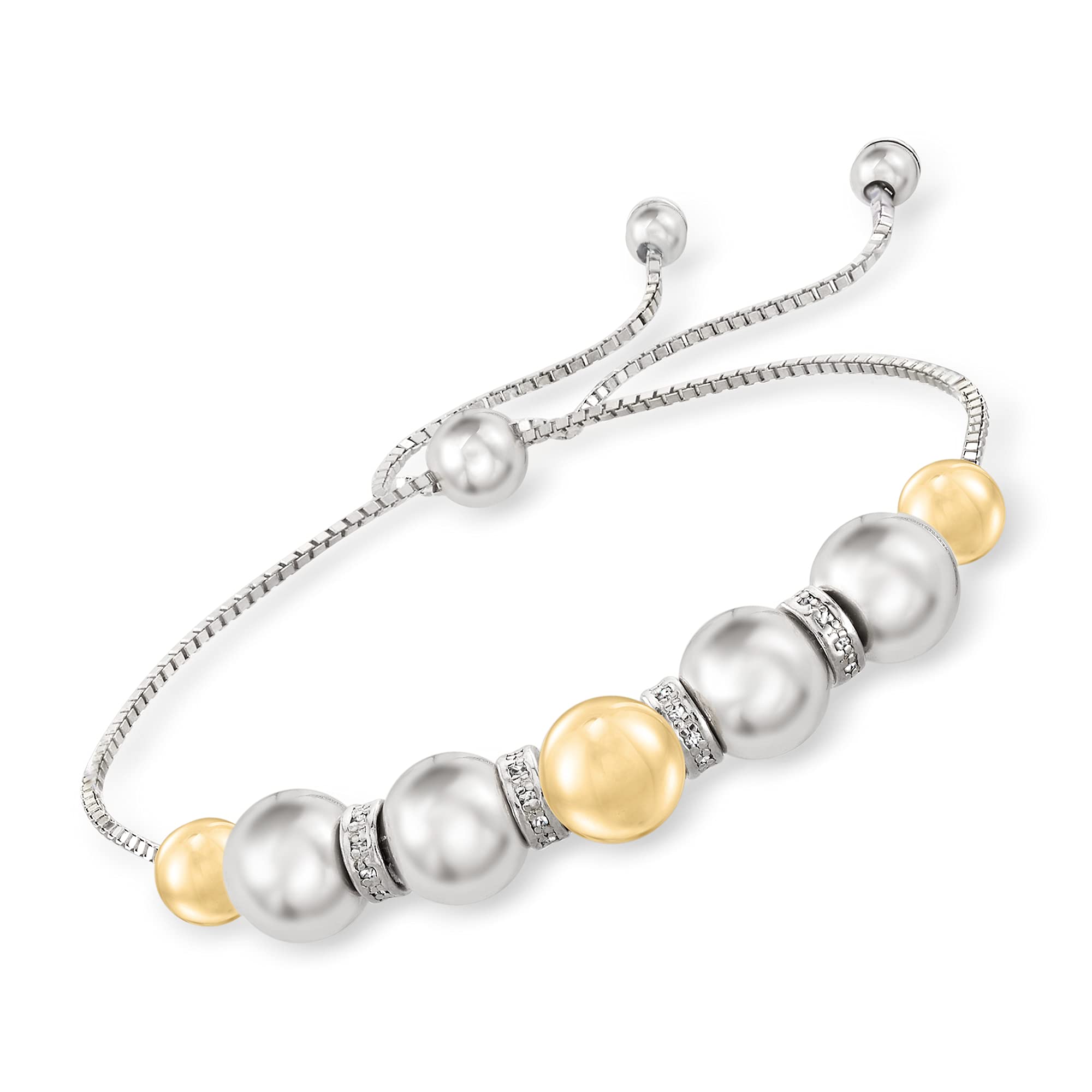 Ross-Simons 6-8mm Sterling Silver and 14kt Yellow Gold Bead Bolo Bracelet With .24 ct. t.w. Diamonds