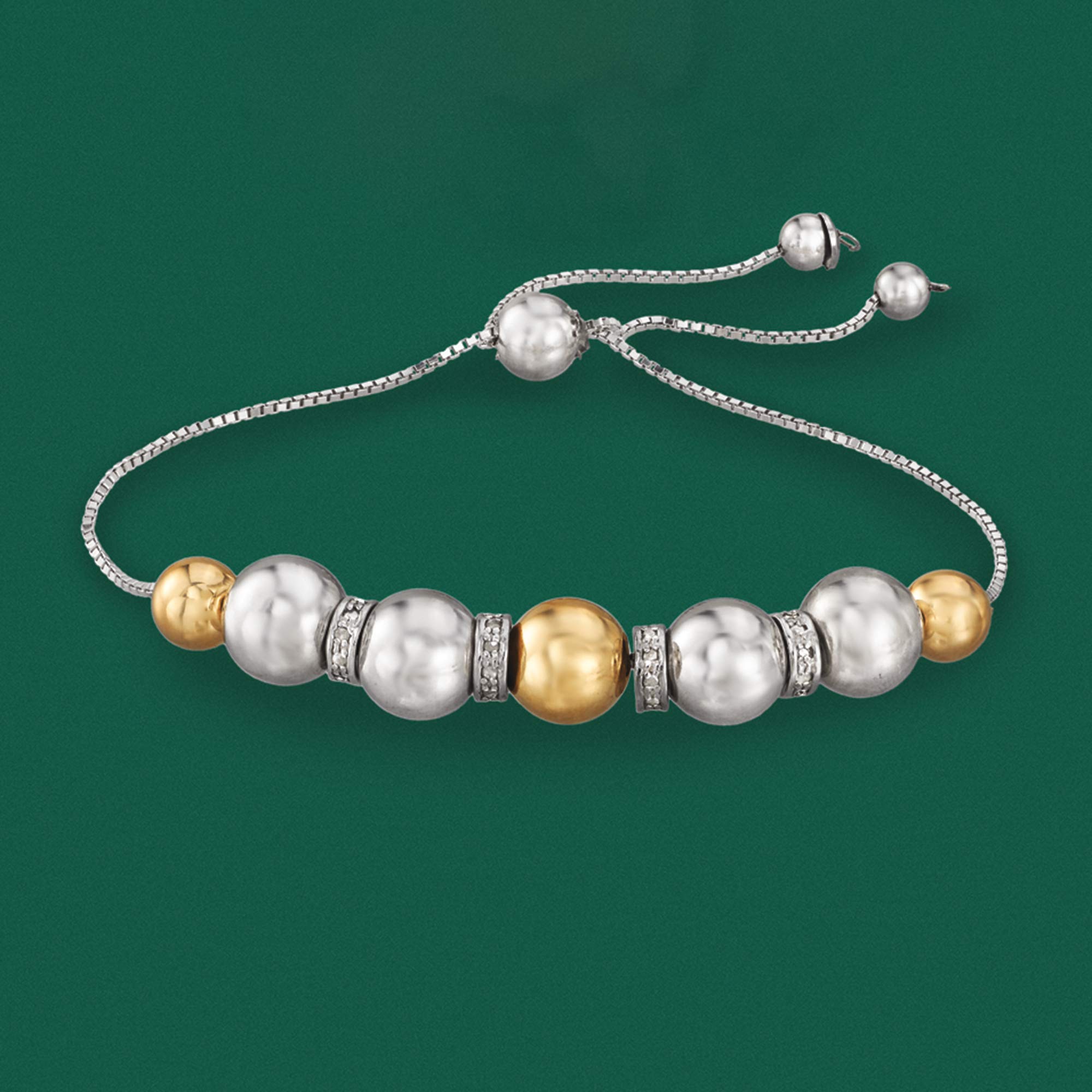 Ross-Simons 6-8mm Sterling Silver and 14kt Yellow Gold Bead Bolo Bracelet With .24 ct. t.w. Diamonds