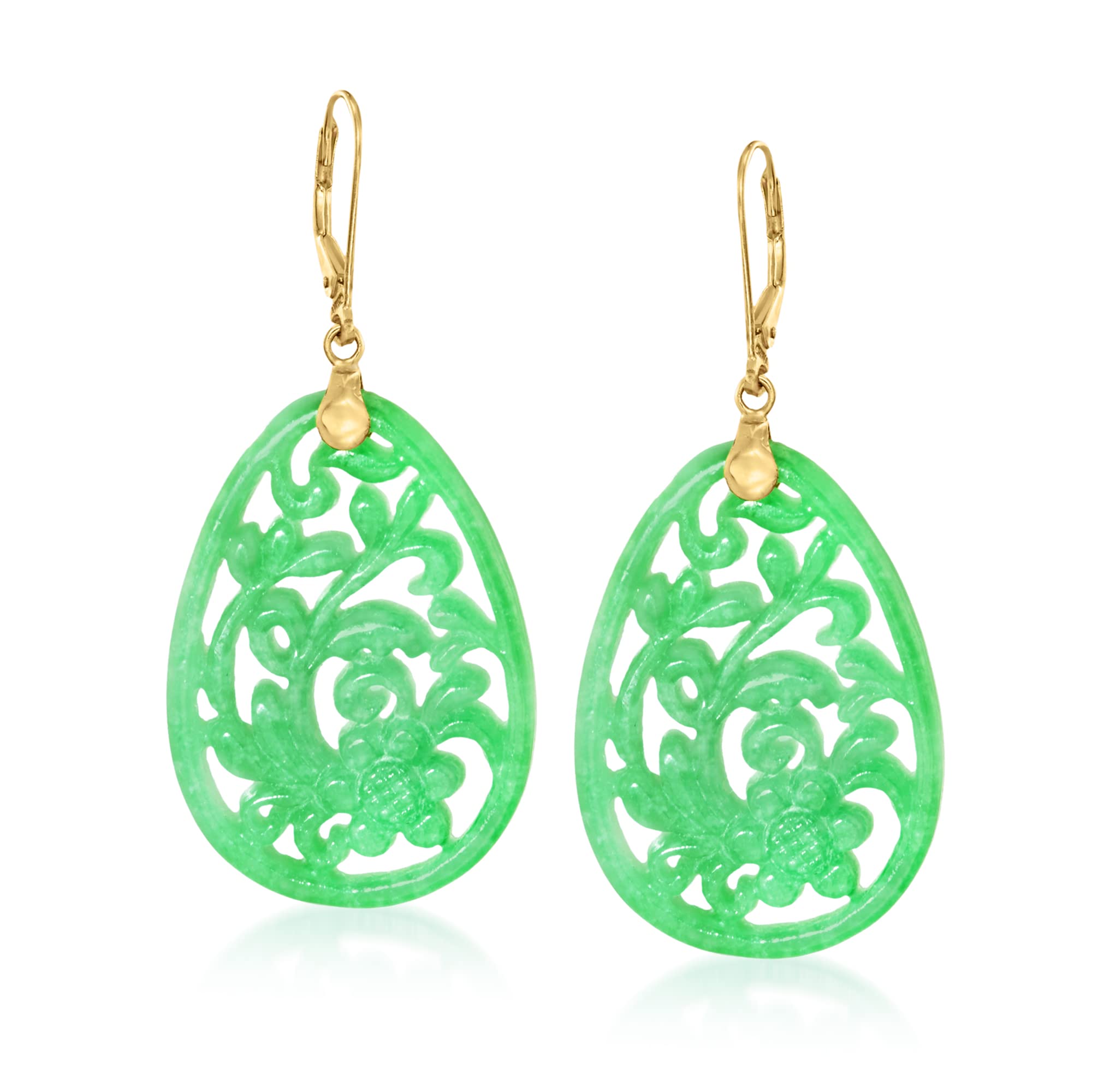 Ross-Simons Carved Jade Floral Drop Earrings in 14kt Yellow Gold