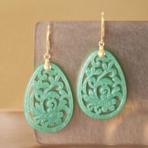 Ross-Simons Carved Jade Floral Drop Earrings in 14kt Yellow Gold