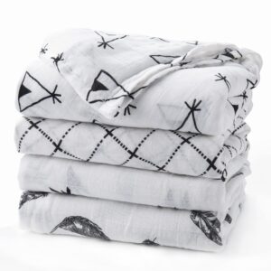 upsimples baby swaddle blanket unisex swaddle wrap soft silky muslin swaddle blankets neutral receiving blanket for boys and girls, large 47 x 47 inches, set of 4-arrow/feather/tent/crisscross