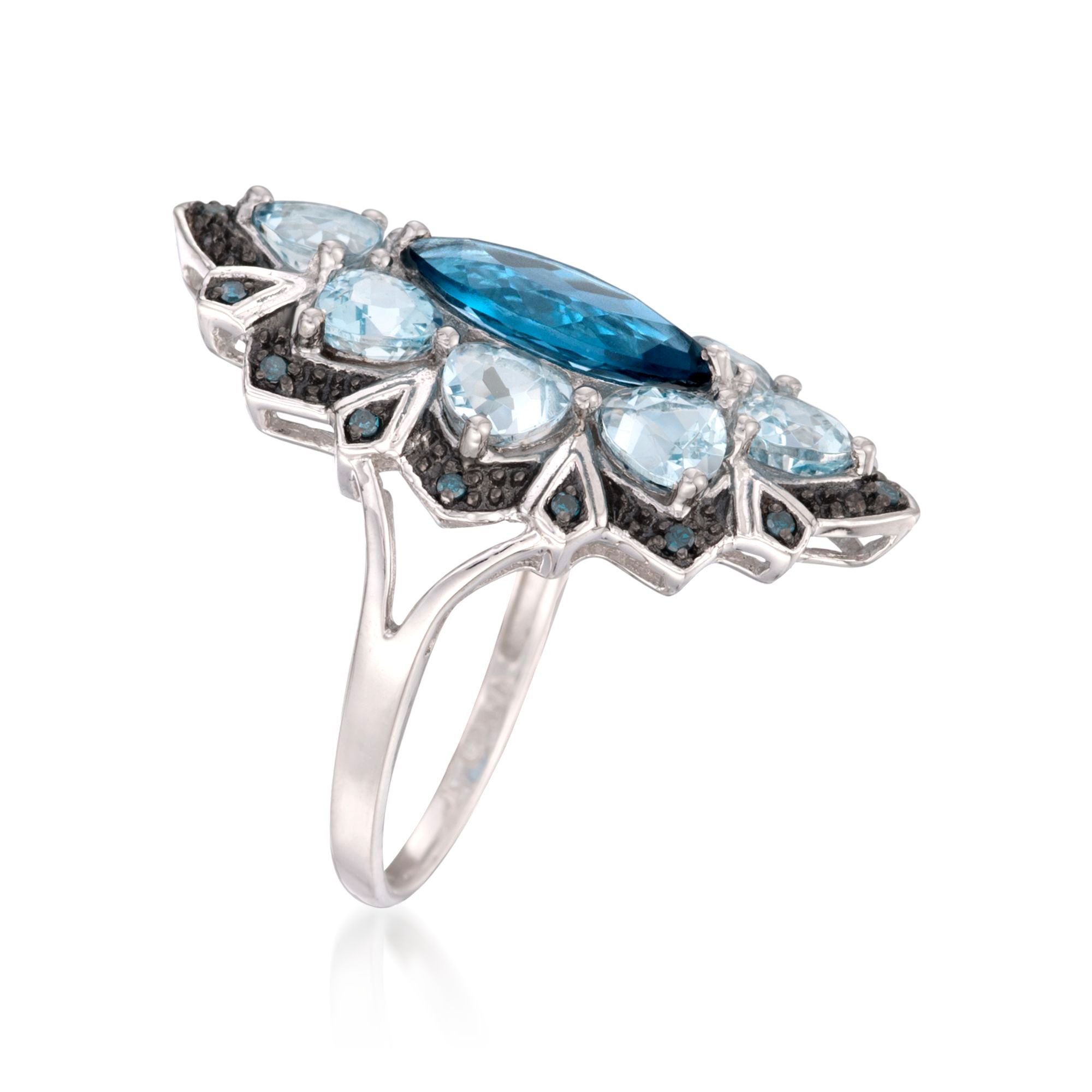 Ross-Simons 2.20 Carat London Blue Topaz and 2.50 ct. t.w. Aquamarine Ring With Blue Diamonds in Sterling Silver. Size 5