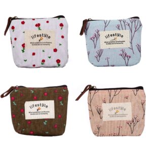 Cute Floral Canvas Change Coin Purse Small Zipper Pouch Bag Wallet by Aiphamy, 4 Pack