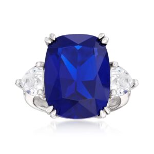 ross-simons 12.25 carat cushion-cut simulated sapphire and 1.75 ct. t.w. cz ring in sterling silver. size 6