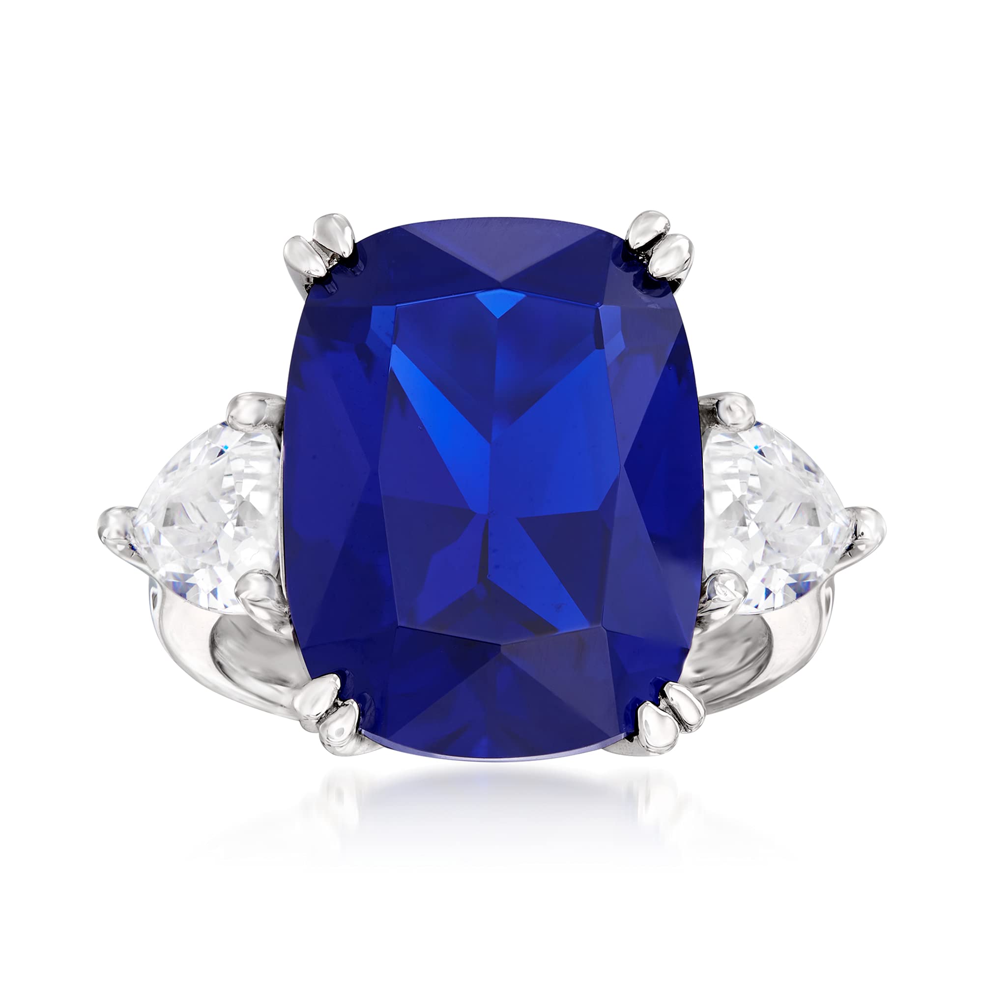 Ross-Simons 12.25 Carat Cushion-Cut Simulated Sapphire and 1.75 ct. t.w. CZ Ring in Sterling Silver. Size 6