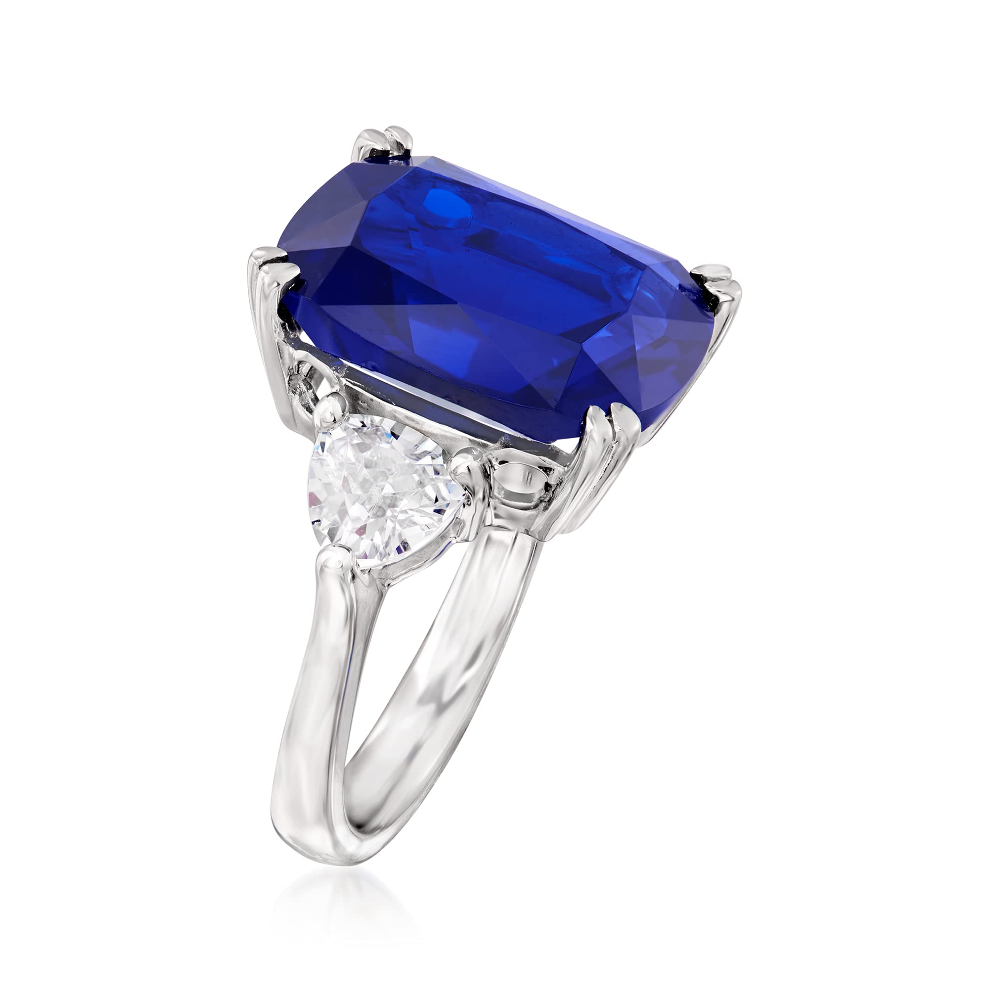 Ross-Simons 12.25 Carat Cushion-Cut Simulated Sapphire and 1.75 ct. t.w. CZ Ring in Sterling Silver. Size 6