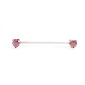 industrial barbell with front facing heart shape garnet cubic zirconia ends stainless steel earring cartilage body piercing jewelry, 14g.