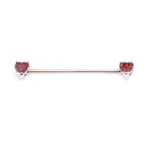 Industrial Barbell with Front Facing Heart Shape Garnet Cubic Zirconia Ends Stainless Steel Earring Cartilage Body Piercing Jewelry, 14G.