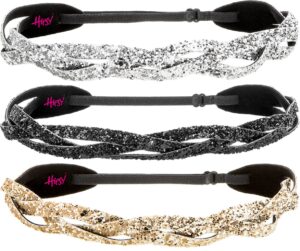 hipsy women's adjustable cute fashion bling glitter headband braid hairband multi pack (3pk gold/black/silver braided bling glitter)