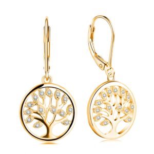 JO WISDOM 925 Sterling Silver Family Gold Tree of Life Drop & Dangle Leverback Earrings