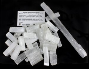 dancing bear selenite sticks wands bulk (35-40 pcs) 1.5-2 inch l x .25-.5" w each, bonus: free 6-8" selenite stick & id card, reiki, chakra, healing, protection grids, good luck, positive energy