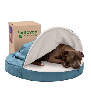 furhaven 35" round cooling gel dog bed for large/medium dogs w/ removable washable cover, for dogs up to 50 lbs - sherpa & suede snuggery - blue, 35-inch