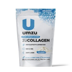 umzu zucollagen protein - 5 collagen types - hair, nail & skin vitamins - 20g protein - supports skin elasticity, circulatory system, gut health & more - 20 servings - unflavored