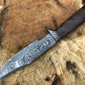 Perkin Knives - Damascus Knife Fixed Blade Knife with Sheath - Walnut Wood