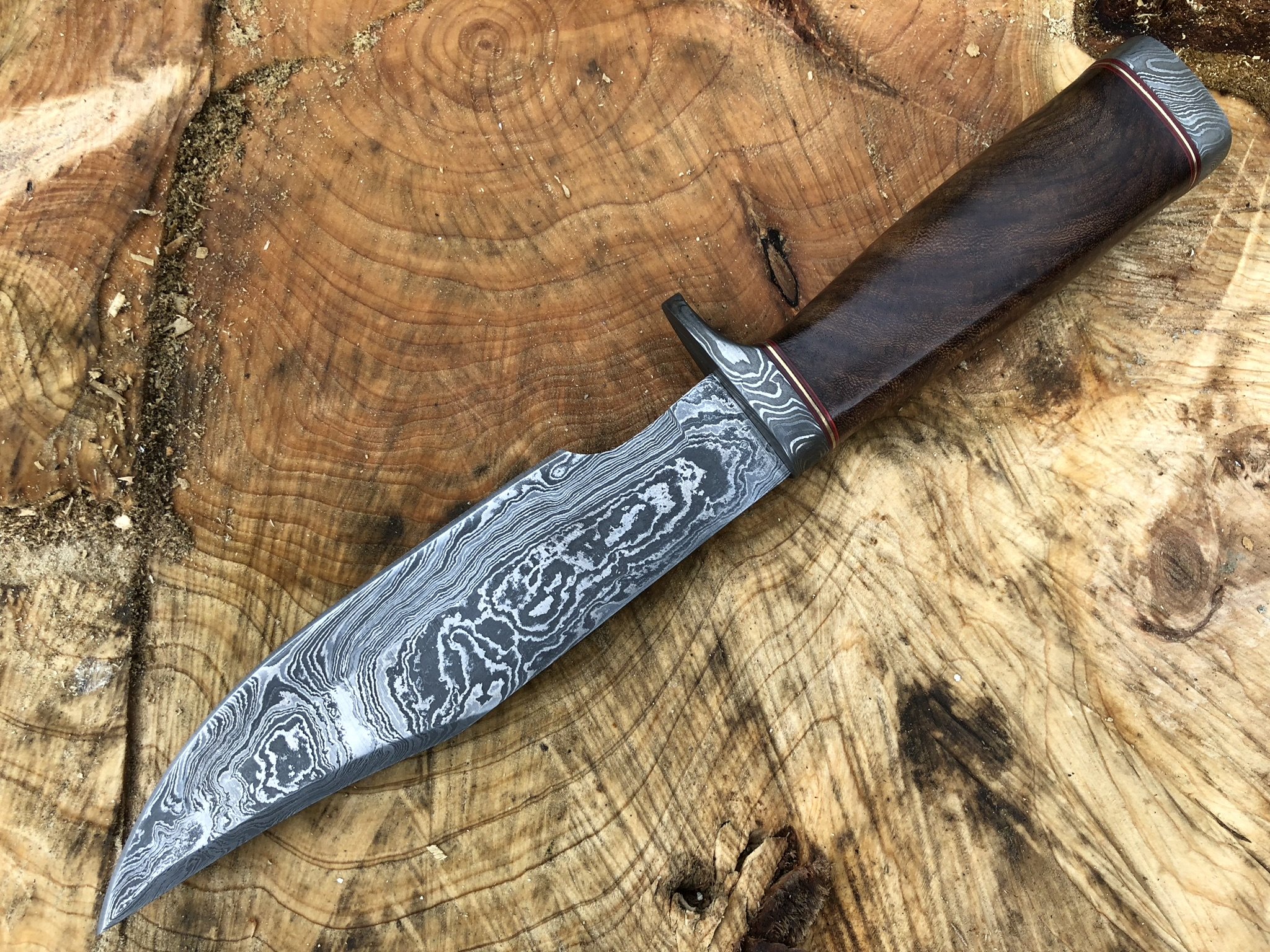 Perkin Knives - Damascus Knife Fixed Blade Knife with Sheath - Walnut Wood