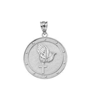 fine 925 sterling silver praying hands with rosary cross medallion pendant