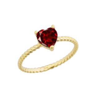 dainty 10k yellow gold heart-shaped garnet solitaire rope engagement/promise ring (size 4)