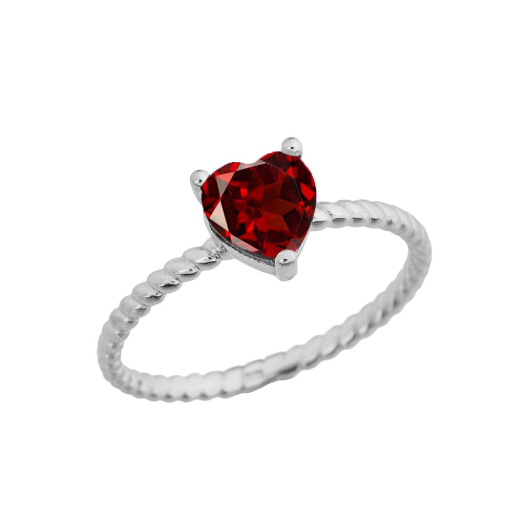 Dainty 10k White Gold Heart-Shaped Garnet Solitaire Rope Engagement/Promise Ring (Size 7)