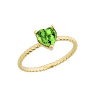 dainty 10k yellow gold heart-shaped peridot solitaire rope engagement/promise ring (size 7)