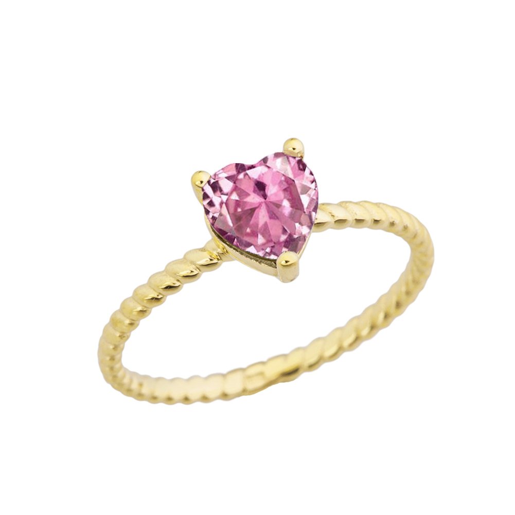 Dainty 10k Yellow Gold Heart-Shaped October Birthstone Solitaire Rope Engagement/Promise Ring (Size 5.5)