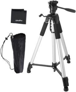 ultrapro 72" inch aluminum camera tripod bundle for canon, nikon, sony, samsung, olympus, panasonic, pentax, and all digital cameras, includes ultrapro microfiber cleaning cloth