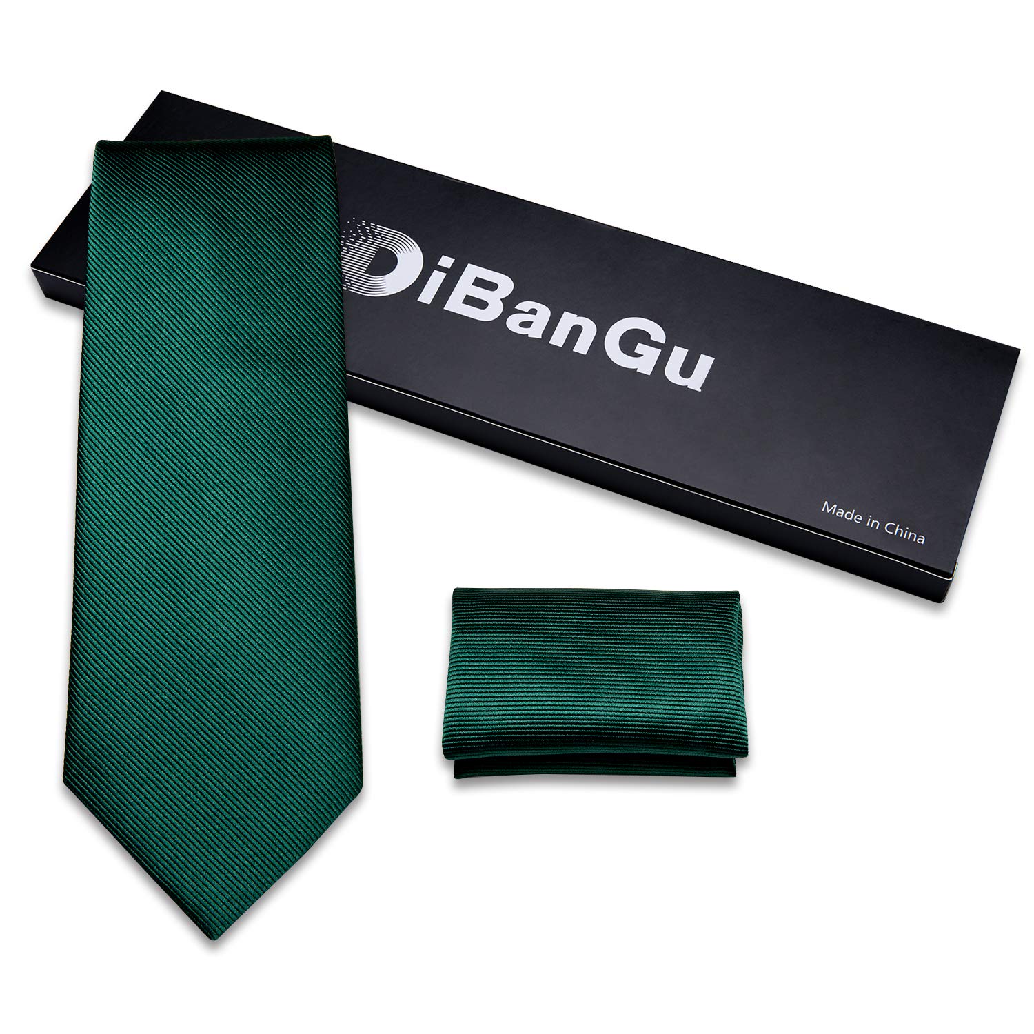 DiBanGu Mens Solid Color Tie and Pocket Square Set Woven Silk Plain Necktie & Handkerchief for Men Wedding Party Formal, Emerald Green