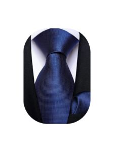 dibangu mens solid color tie and pocket square set woven silk plain necktie & handkerchief for men wedding party formal, navy blue