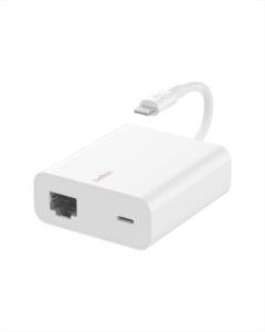 belkin ethernet & power adapter w/ lightning connector - dual port ethernet splitter for apple ipad pro, ipad mini, ipad air & iphone charger - 480 mbps ethernet speeds & 12w power delivery