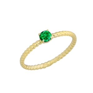 dainty 10k yellow gold stackable emerald solitaire rope engagement/promise ring (size 6.5)