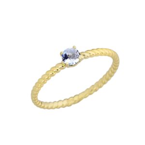 dainty 10k yellow gold stackable aquamarine solitaire rope engagement/promise ring (size 7.5)