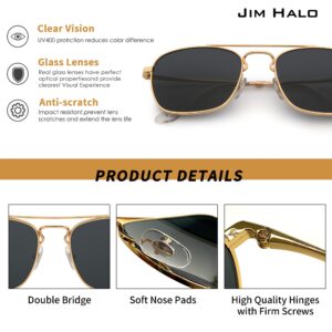 JIM HALO Retro Square Aviator Sunglasses Premium Glass Lens Flat Metal Eyewear Men Women (Gold/Grey)