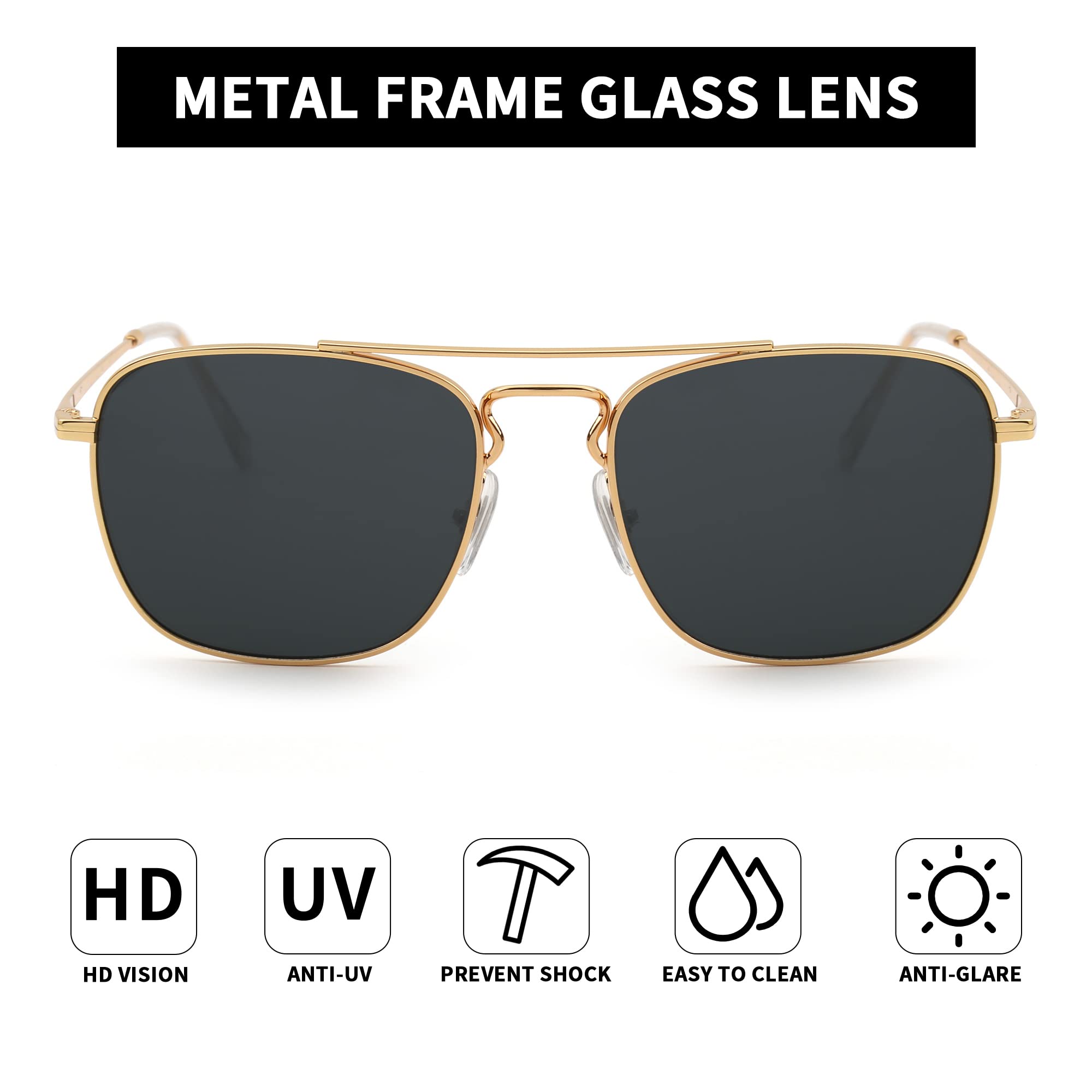 JIM HALO Retro Square Aviator Sunglasses Premium Glass Lens Flat Metal Eyewear Men Women (Gold/Grey)