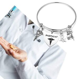 bobauna Stainless Steel Pharmacist Expandable Wire Bangle Bracelet with Medical Caduceus RX Symbol Pharmacy Charms Pharmacist Graduation Gift (pharmacist bracelet)