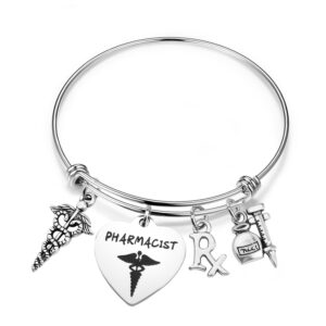 bobauna stainless steel pharmacist expandable wire bangle bracelet with medical caduceus rx symbol pharmacy charms pharmacist graduation gift (pharmacist bracelet)