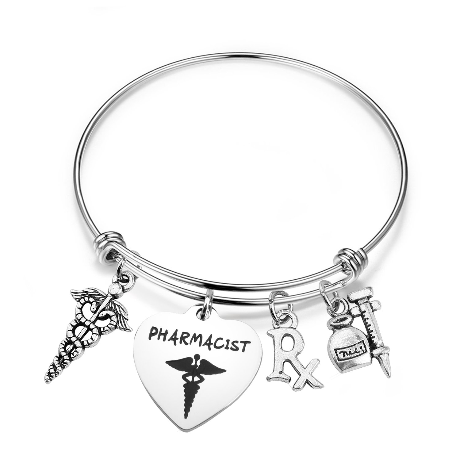 bobauna Stainless Steel Pharmacist Expandable Wire Bangle Bracelet with Medical Caduceus RX Symbol Pharmacy Charms Pharmacist Graduation Gift (pharmacist bracelet)