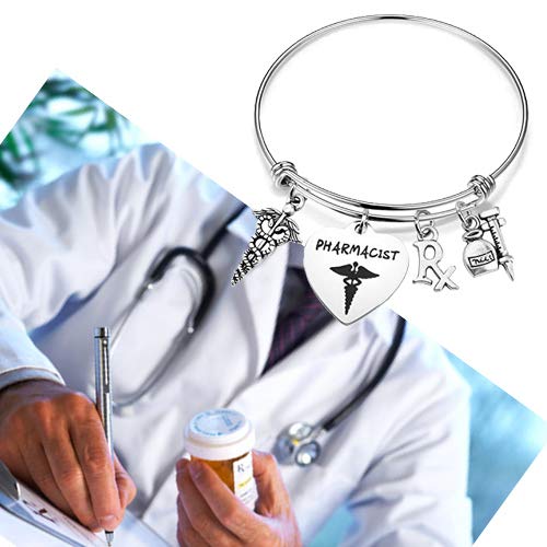 bobauna Stainless Steel Pharmacist Expandable Wire Bangle Bracelet with Medical Caduceus RX Symbol Pharmacy Charms Pharmacist Graduation Gift (pharmacist bracelet)