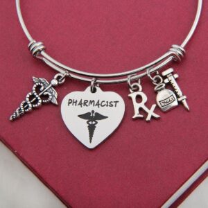 bobauna Stainless Steel Pharmacist Expandable Wire Bangle Bracelet with Medical Caduceus RX Symbol Pharmacy Charms Pharmacist Graduation Gift (pharmacist bracelet)