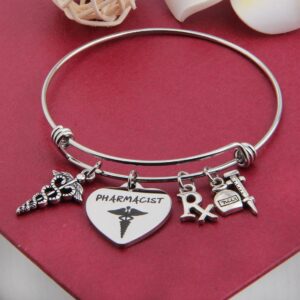 bobauna Stainless Steel Pharmacist Expandable Wire Bangle Bracelet with Medical Caduceus RX Symbol Pharmacy Charms Pharmacist Graduation Gift (pharmacist bracelet)