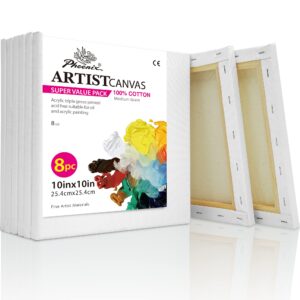 phoenix stretched canvas for painting 10x10 inch/8 value pack, 8 oz triple primed 5/8 inch profile 100% cotton white blank canvas, square framed canvas for oil acrylic & pouring art