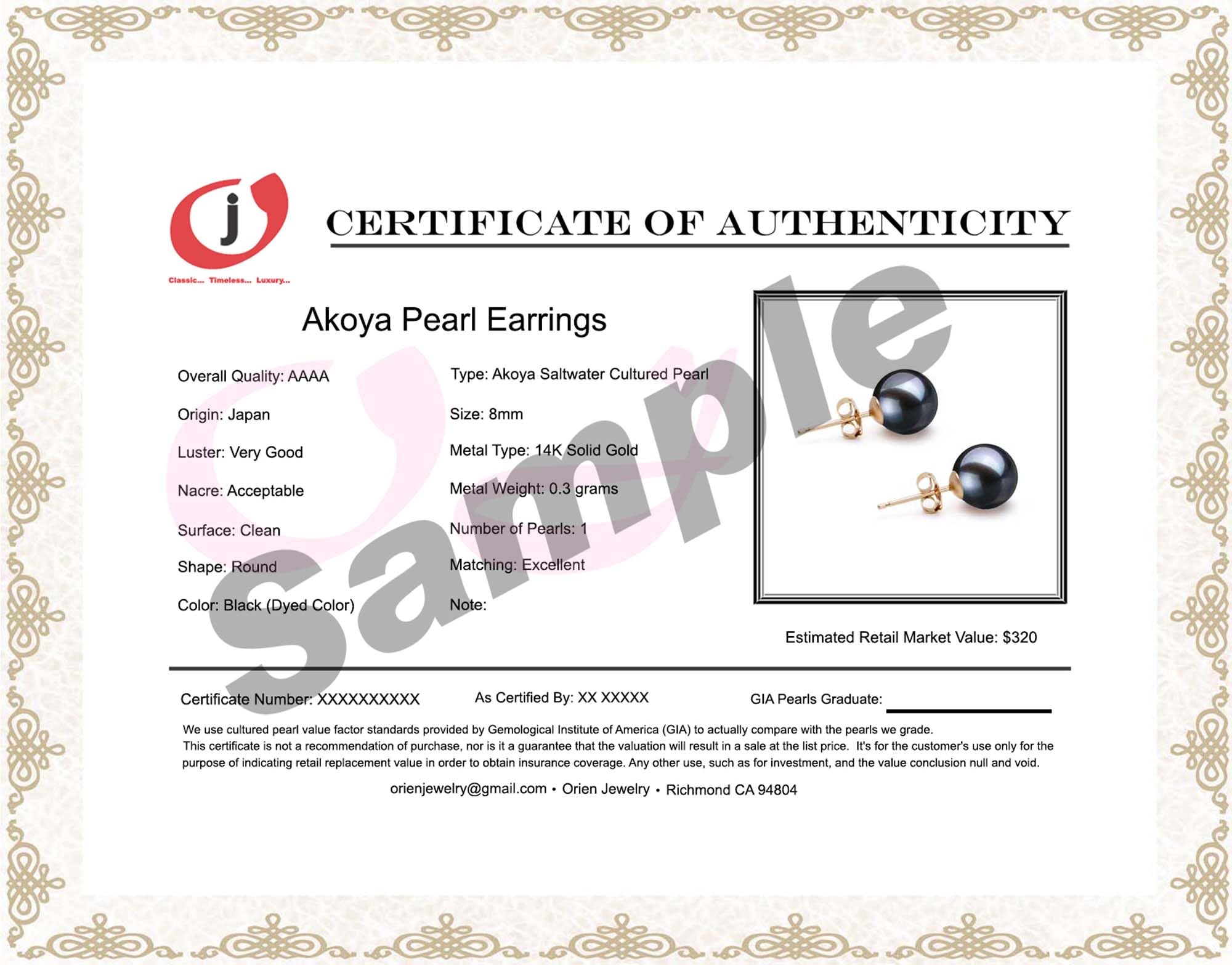 Japanese Akoya Cultured Pearl Earrings Stud AAAA Graded 8mm Black Stud Earrings for Women with 14K Gold Settings and Jewelry Gift Box - Orien Jewelry